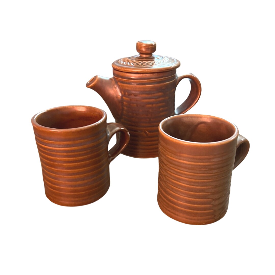 American HALL Teapot and Cups, Teapot With Lid, Two Cups, Brown Pottery ...