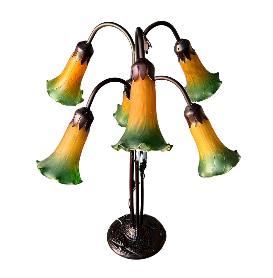 LARGE 24 1/2" Lily Pad Trumpet Lamp, Vintage, Green & Amber, 6 Light ...