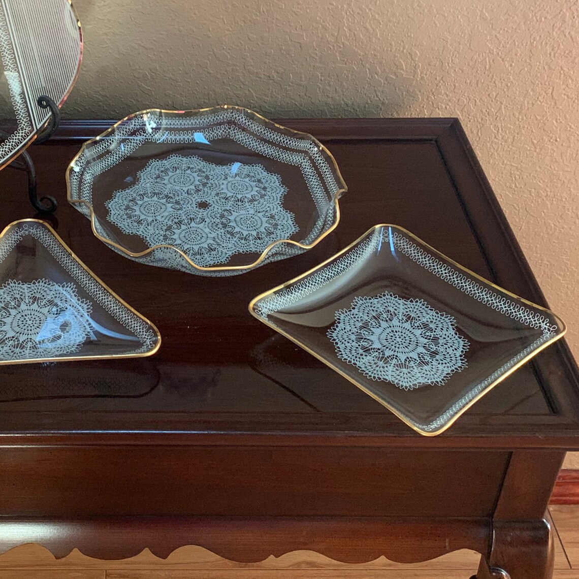 Vintage GERMAN Crystal Platters Gold Gilt White Lace Etch | Etsy