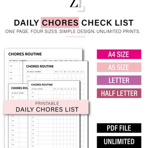 Daily Chores Checklist A4 A5 US Letter Half Size PDF - Etsy