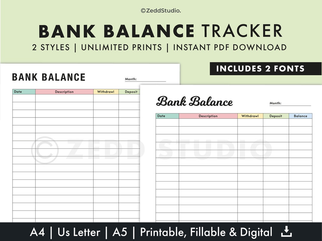 Bank Balance Editable Tracker Printable Expense Tracker - Etsy