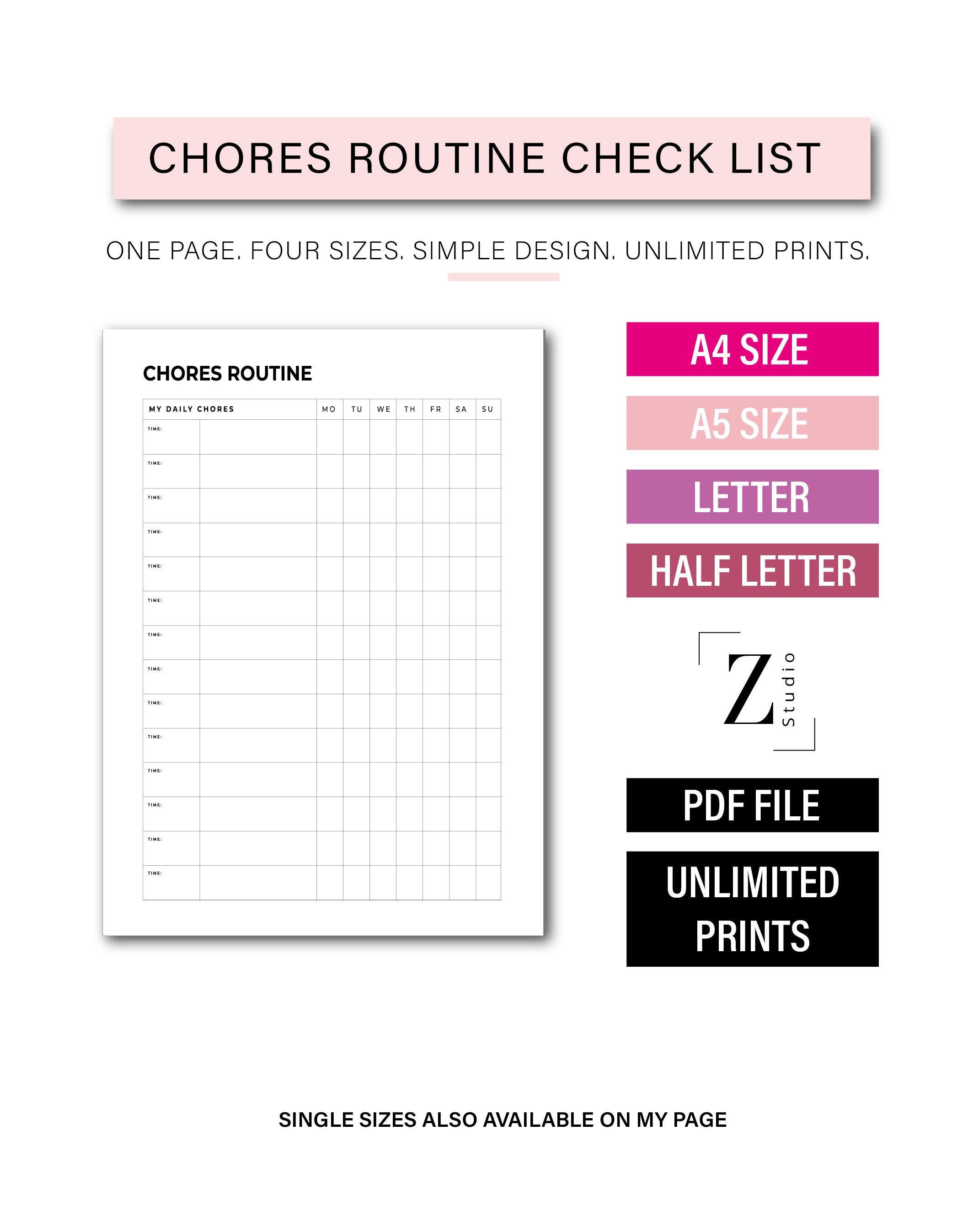 Daily Chores Checklist A4 A5 US Letter Half Size PDF - Etsy