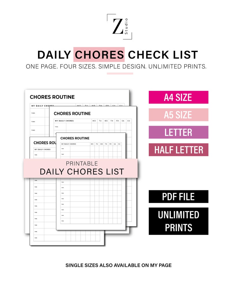 Daily Chores Checklist A4 A5 US Letter Half Size PDF - Etsy