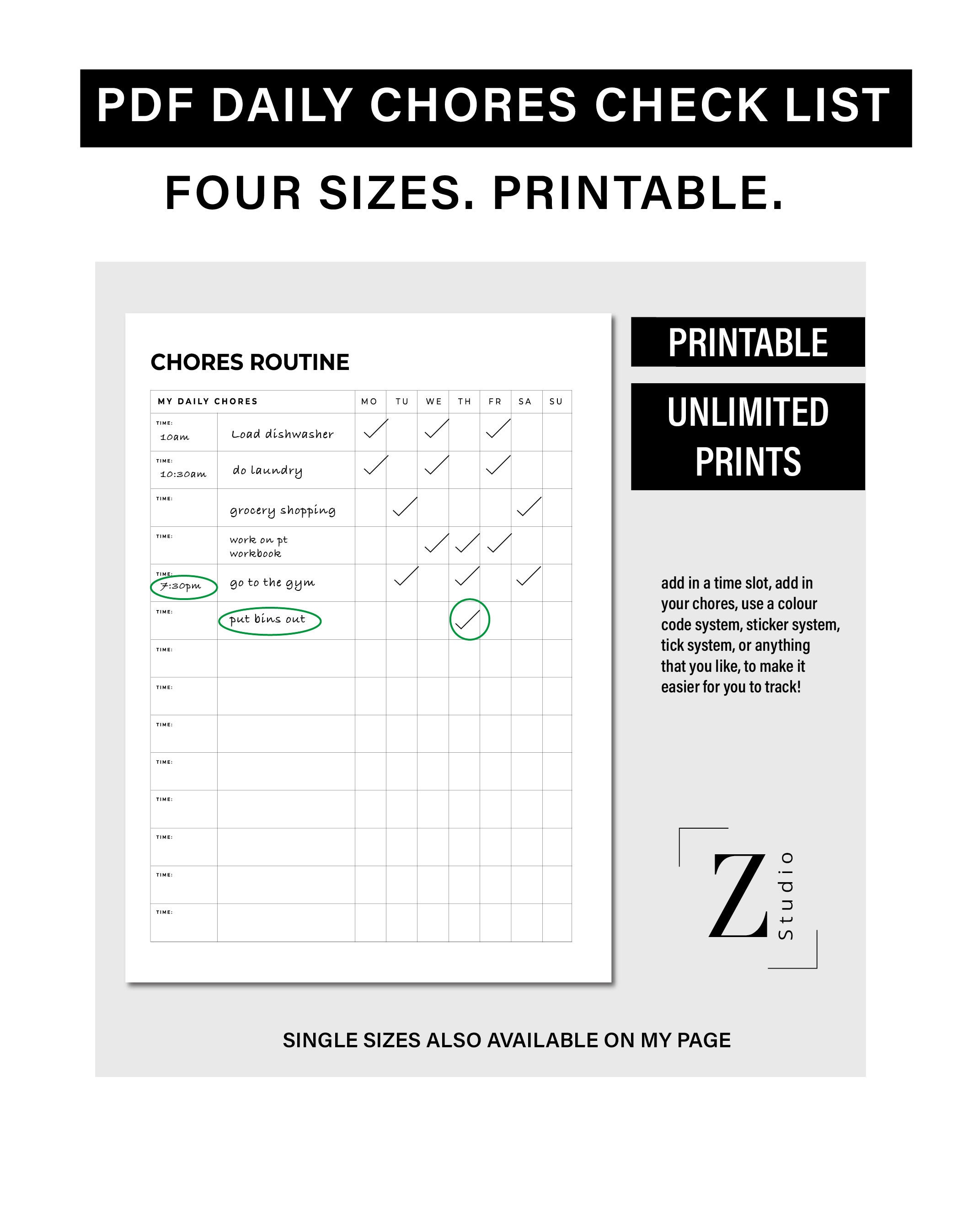 Daily Chores Checklist A4 A5 US Letter Half Size PDF - Etsy