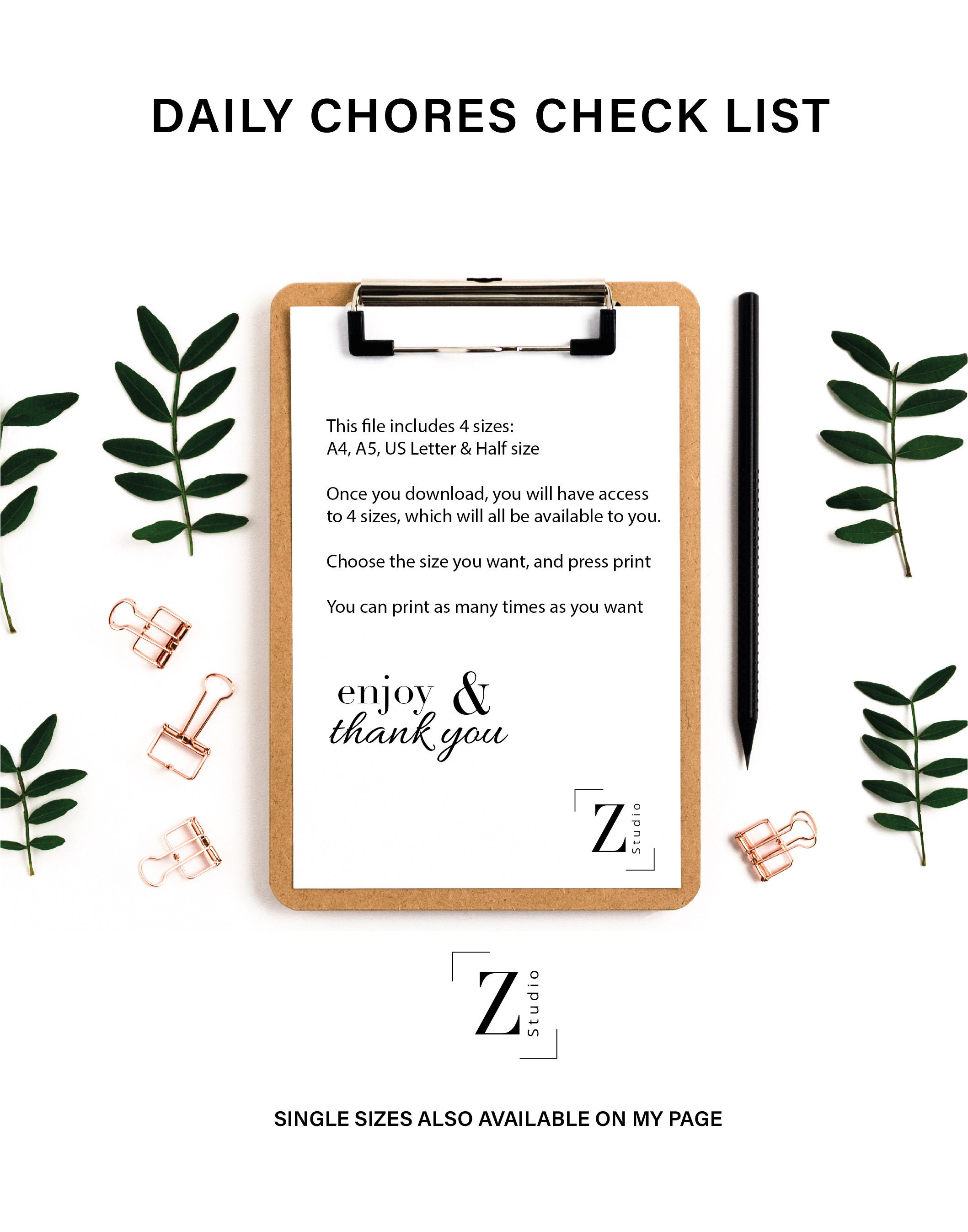 Daily Chores Checklist A4 A5 US Letter Half Size PDF - Etsy
