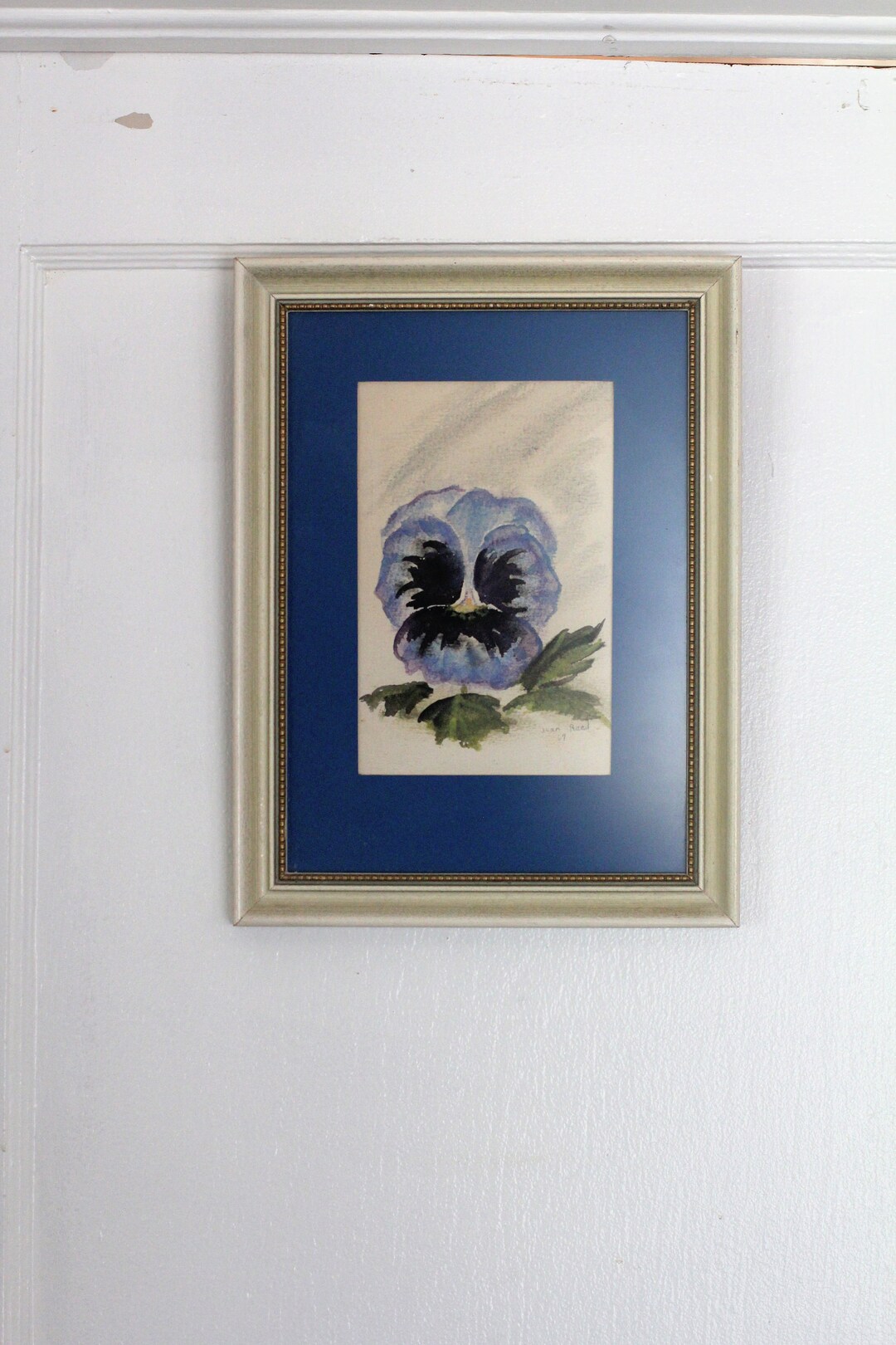 Framed Watercolor Pansy Painting With Blue Matting by Artist Jean Reed ...