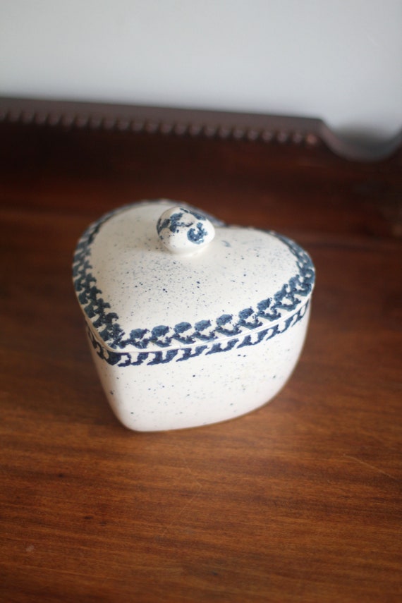 Speckled White and Blue Heart Dish with Lid | Etsy