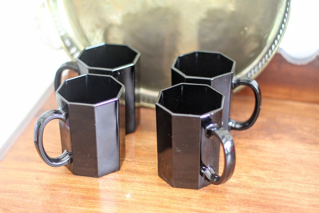 Black Octagonal Arcoroc Glass Coffee Mugs, Made in France, Set of Four ...