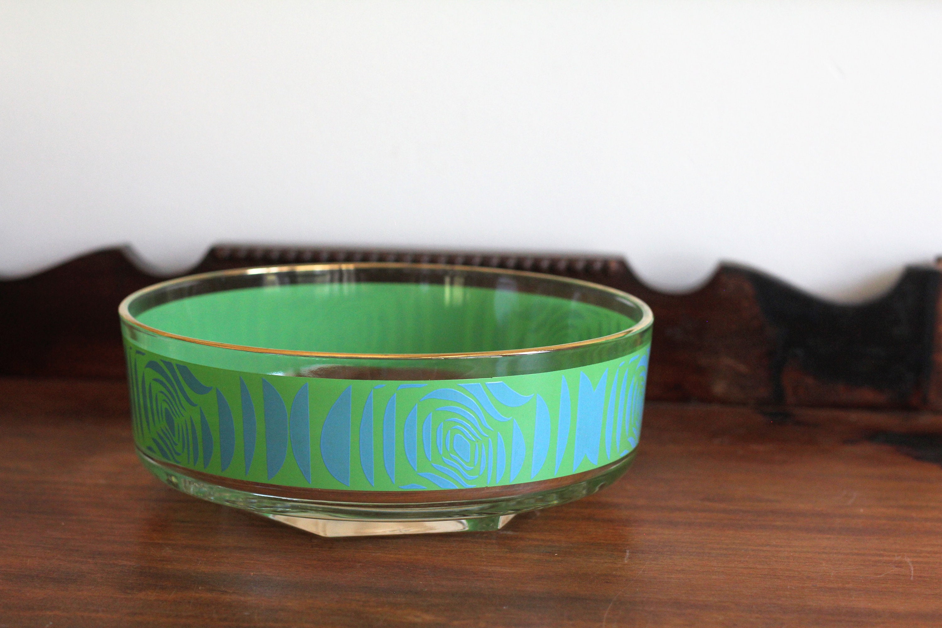 Retro Neon Blue and Green Glass Serving Bowl With Gold Trim - Etsy