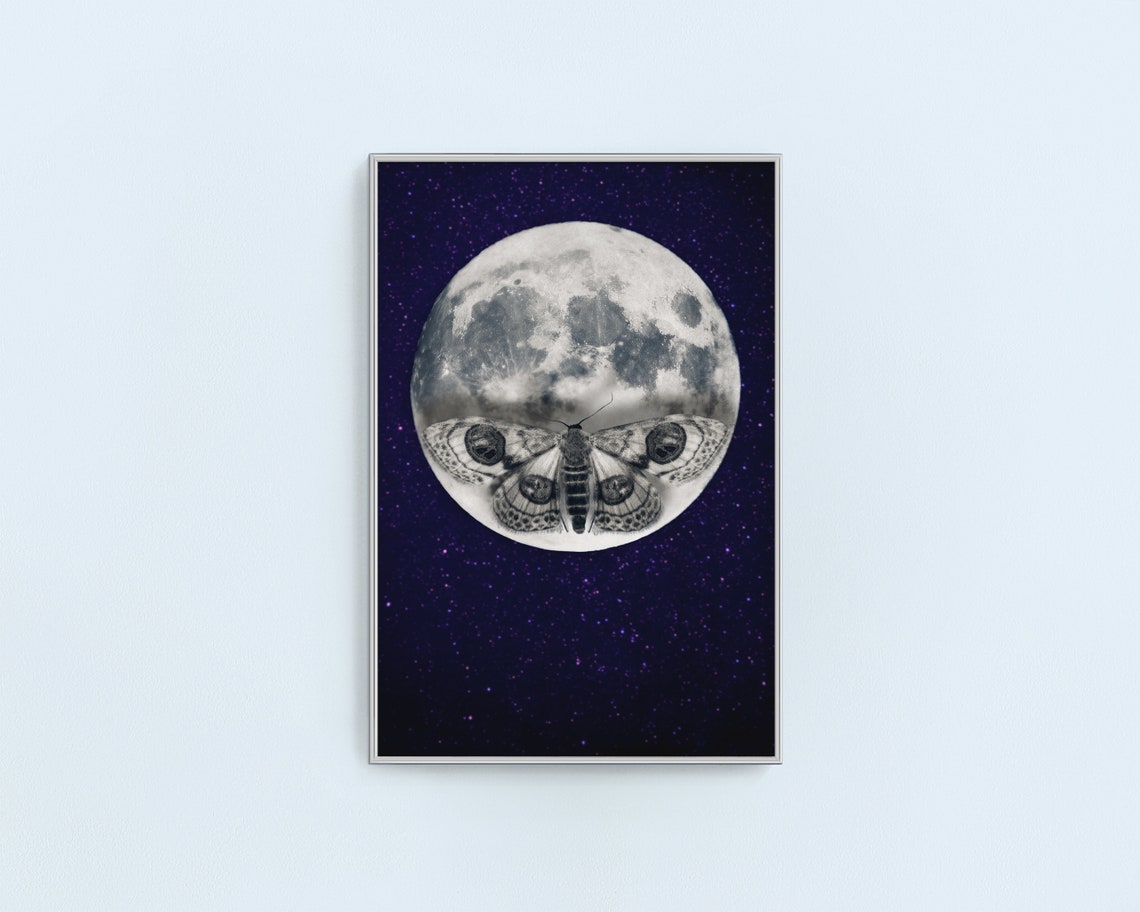 Moth Print Moon Print Moth Wall Art Moon Wall Art Outer - Etsy