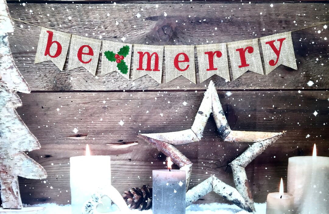 Be Merry. Christmas Burlap Banner, Holly Berry Garland.holiday Rustic ...