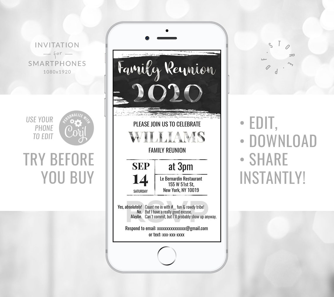 Family Reunion Invitation for Smartphones Silver Foil Effect Electronic ...