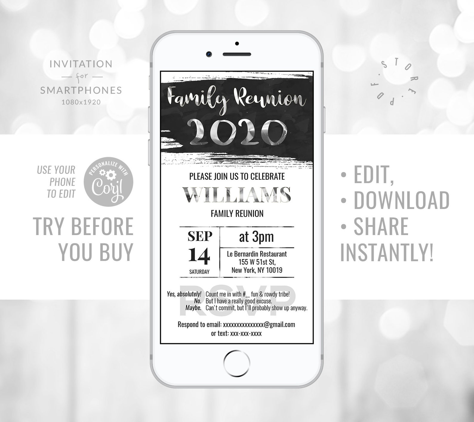 Family Reunion Invitation for Smartphones Silver Foil Effect Electronic ...