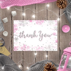 Winter Birthday Thank You Card Pink and Silver Girl Birthday Thank ...