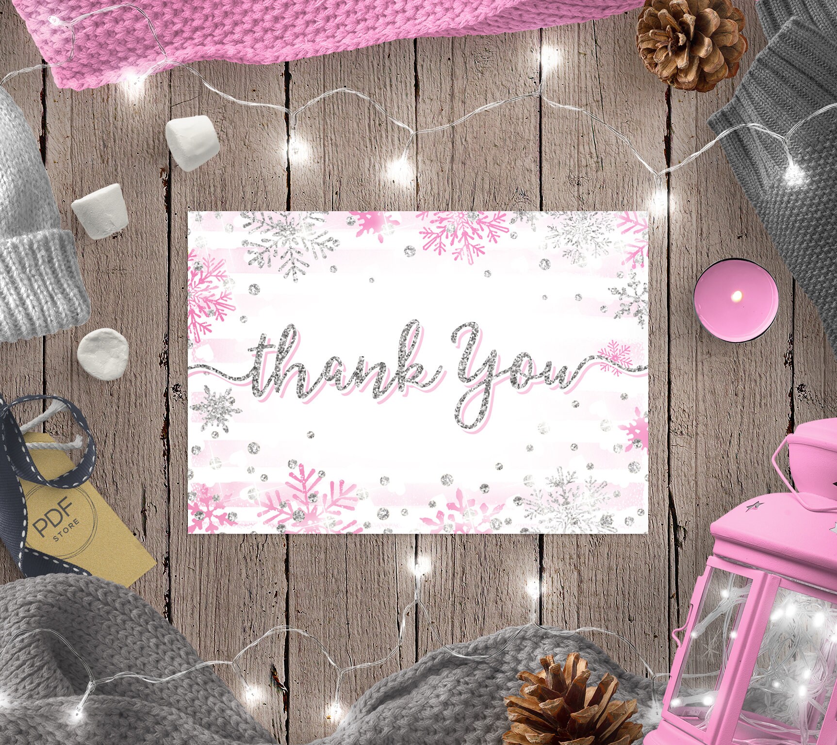 Winter Birthday Thank You Card Pink and Silver Girl Birthday Thank ...