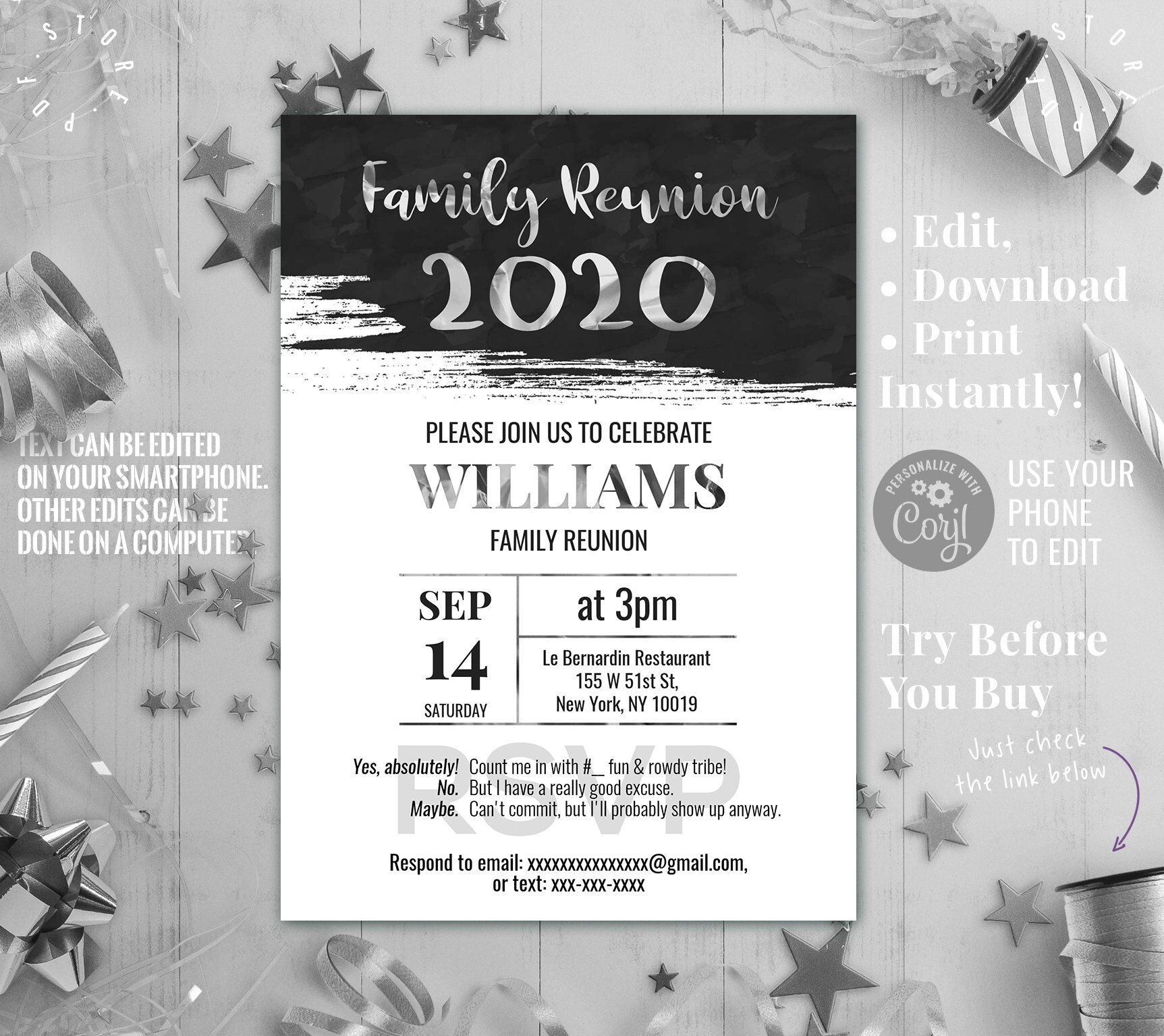 Editable Invitation Family Reunion Silver Foil Effect Instant Access ...