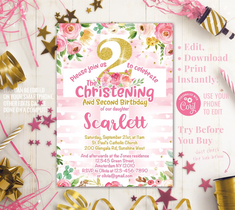 Editable Christening and Second Birthday Invitation Our Daughter Girl ...