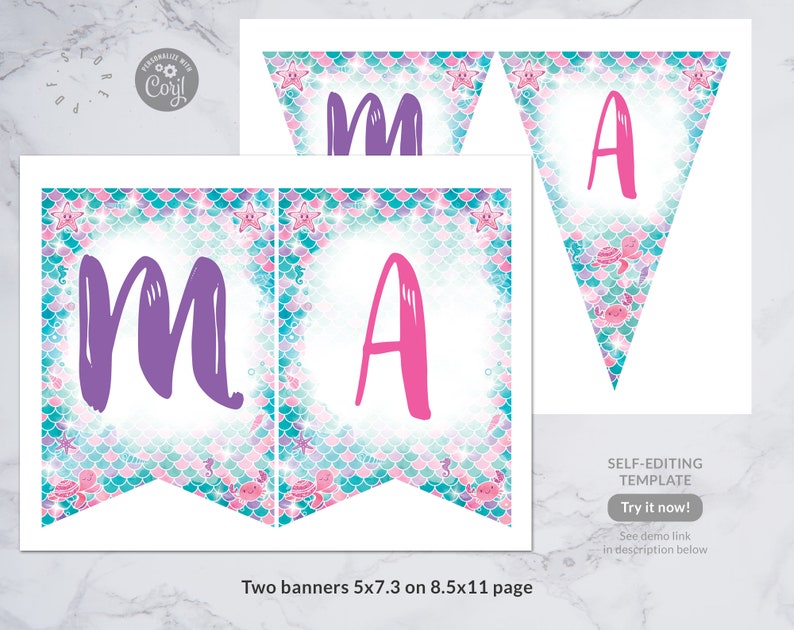 Editable Mermaid Party Banner Watercolor Mermaid Birthday Party ...