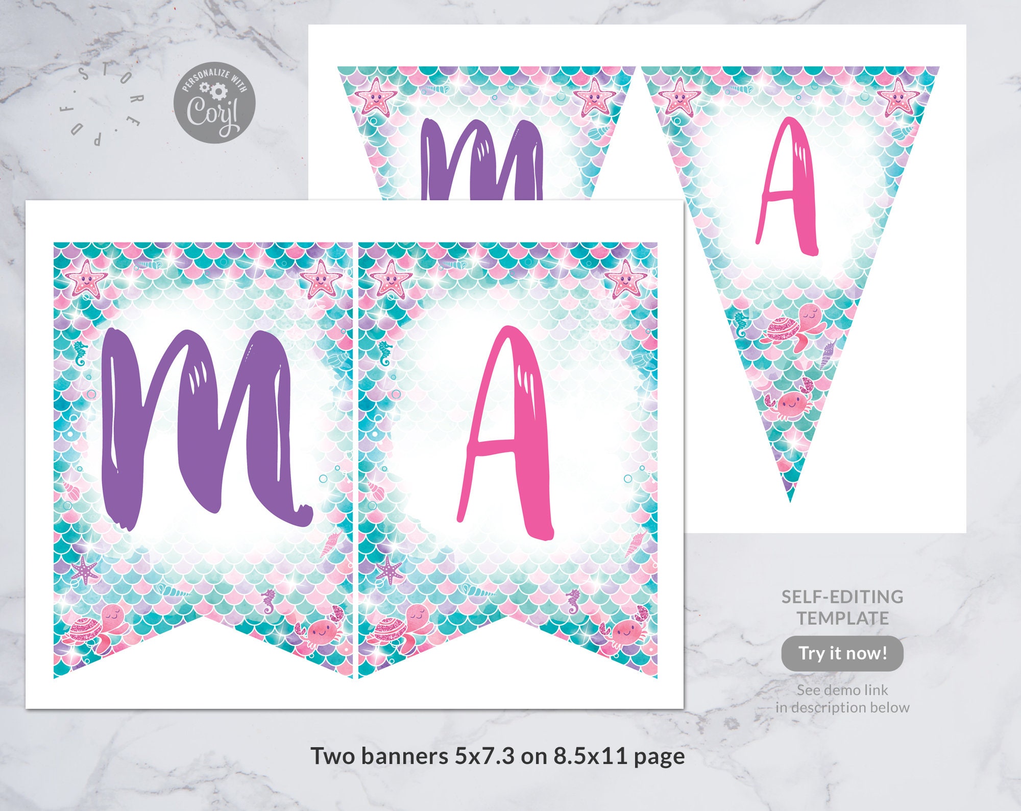 Editable Mermaid Party Banner Watercolor Mermaid Birthday Party ...