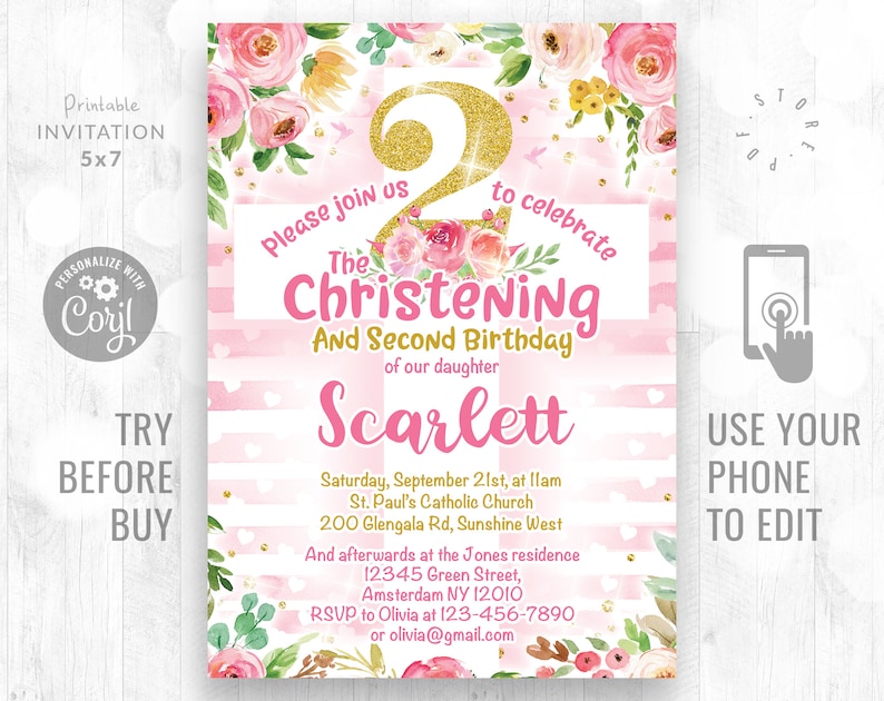 Editable Christening and Second Birthday Invitation Our Daughter Girl ...
