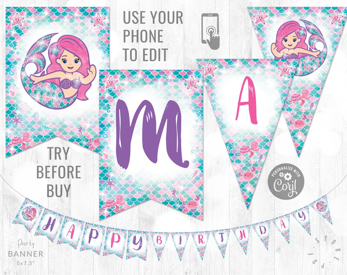 Editable Mermaid Party Banner Watercolor Mermaid Birthday Party ...