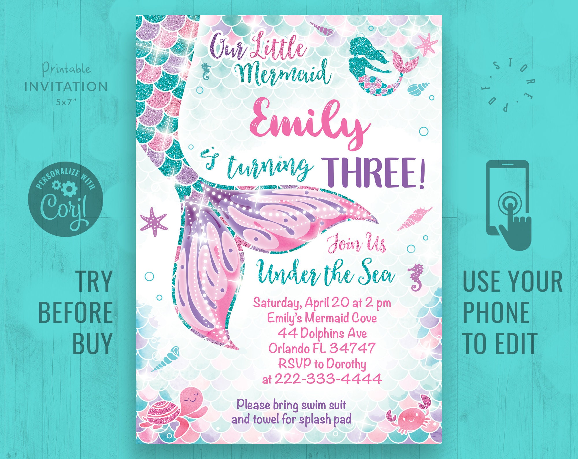 Mermaid Birthday Invitation Splash Birthday Invitation Girl Birthday ...