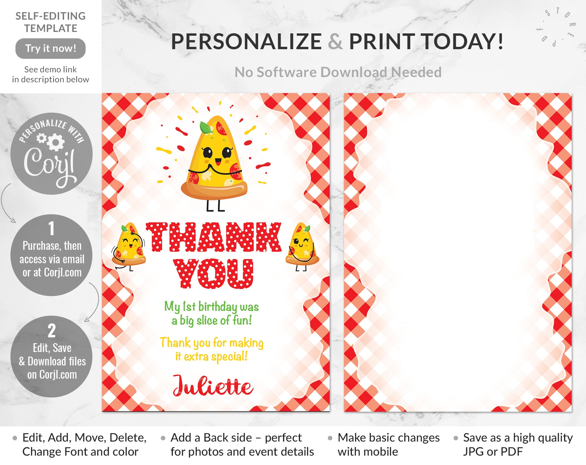 Pizza Party Editable Thank You Card First Birthday Girl Pizza Birthday ...