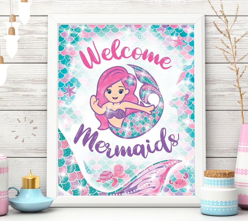 Welcome Mermaids Birthday Party Sign Under the Sea Mermaid Tail Instant ...