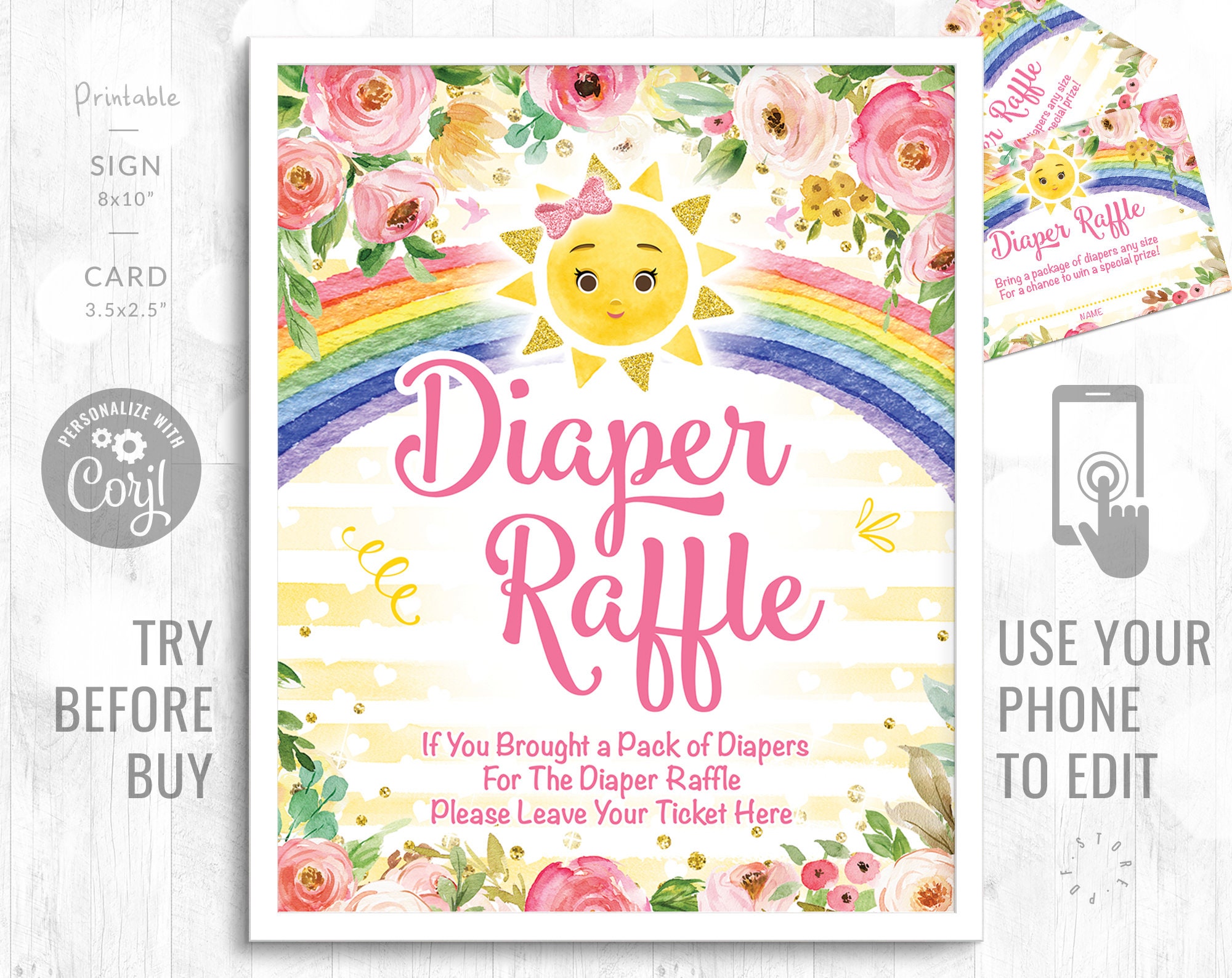 Editable Diaper Raffle Sign and Cards Sunshine Rainbow Collection Baby ...