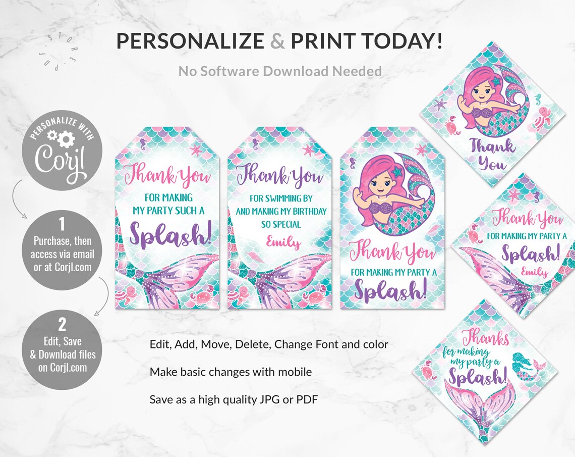 Mermaid Favor Tags Editable Template Under the Sea Mermaid Party Decor ...