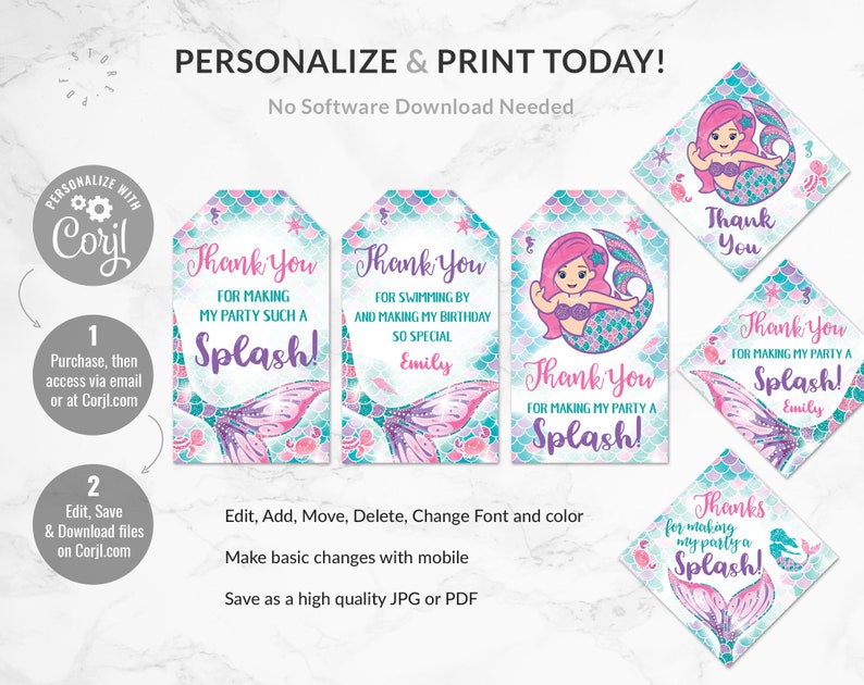 Mermaid Favor Tags Editable Template Under the Sea Mermaid Party Decor ...