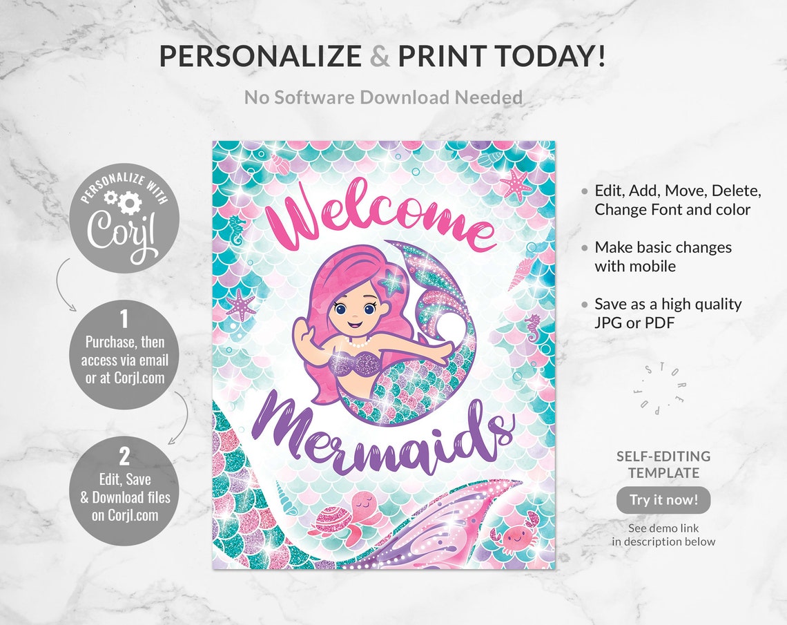 Welcome Mermaids Birthday Party Sign Under the Sea Mermaid Tail Instant ...