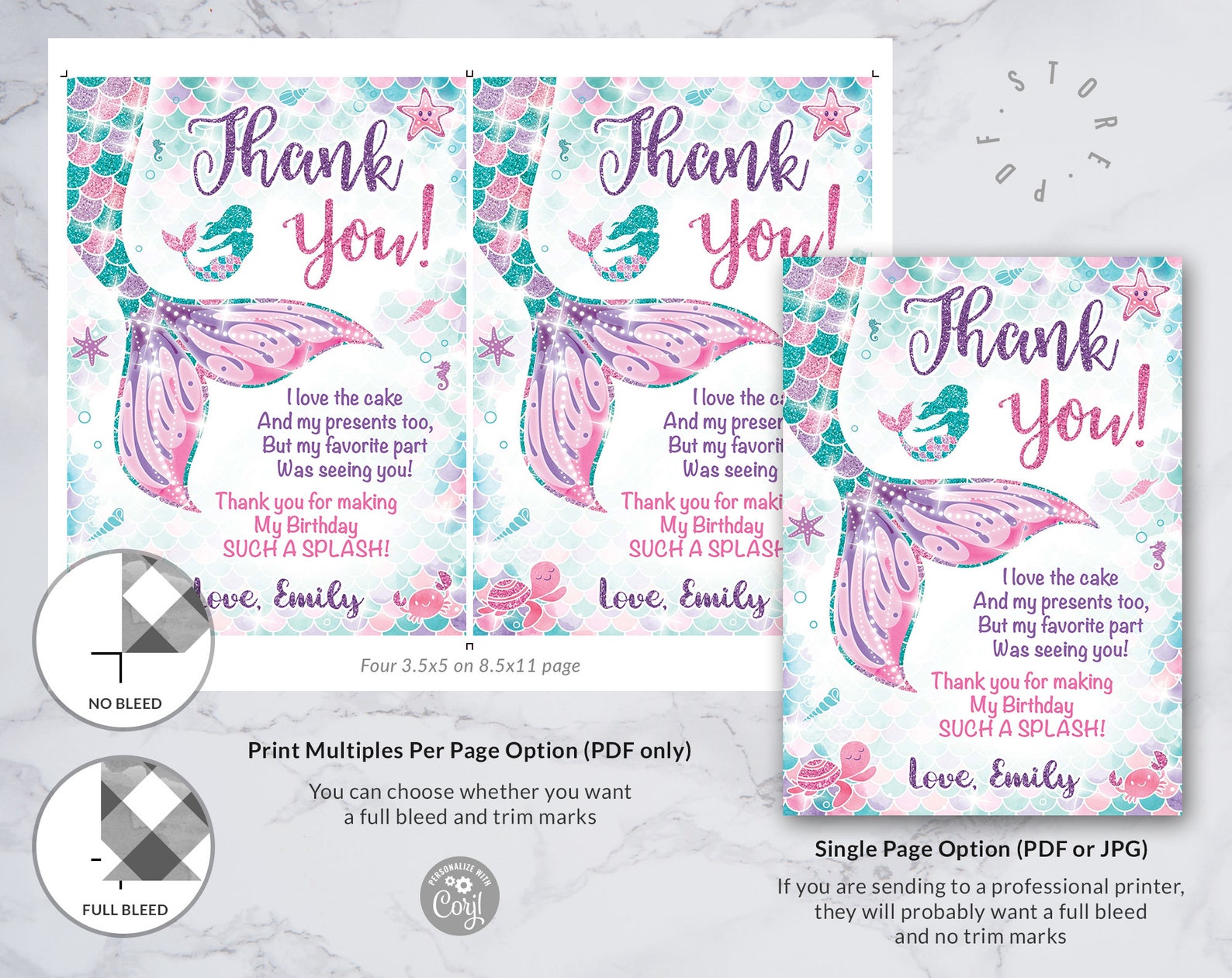 Mermaid Thank You Cards Editable Template Under the Sea Mermaid Thank ...