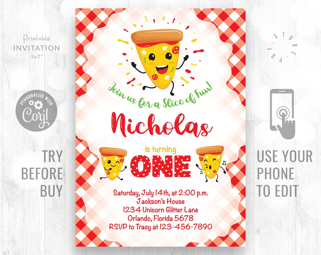 Editable Pizza Party Editable Invitation First Birthday Boy Pizza ...