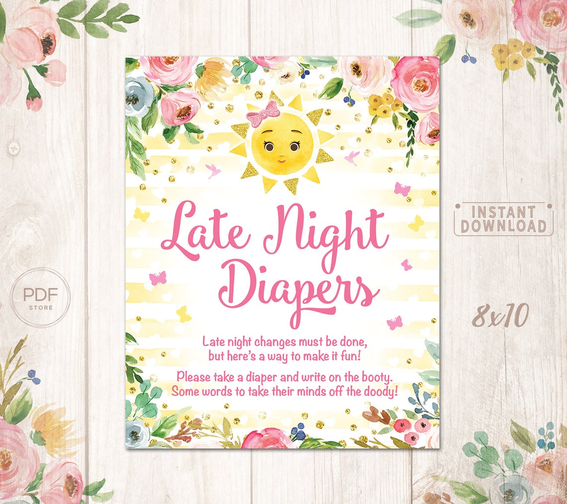 Late Night Diapers Sign - Sunshine Baby Shower Decorations Girl Baby ...