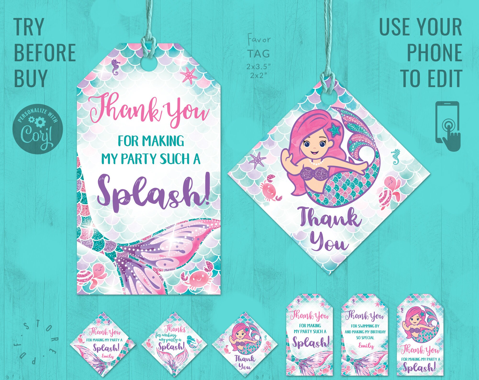 Mermaid Favor Tags Editable Template Under the Sea Mermaid Party Decor ...