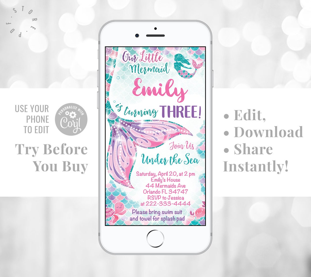 Mermaid Birthday Electronic Invitation Digital Email Smartphone Under ...