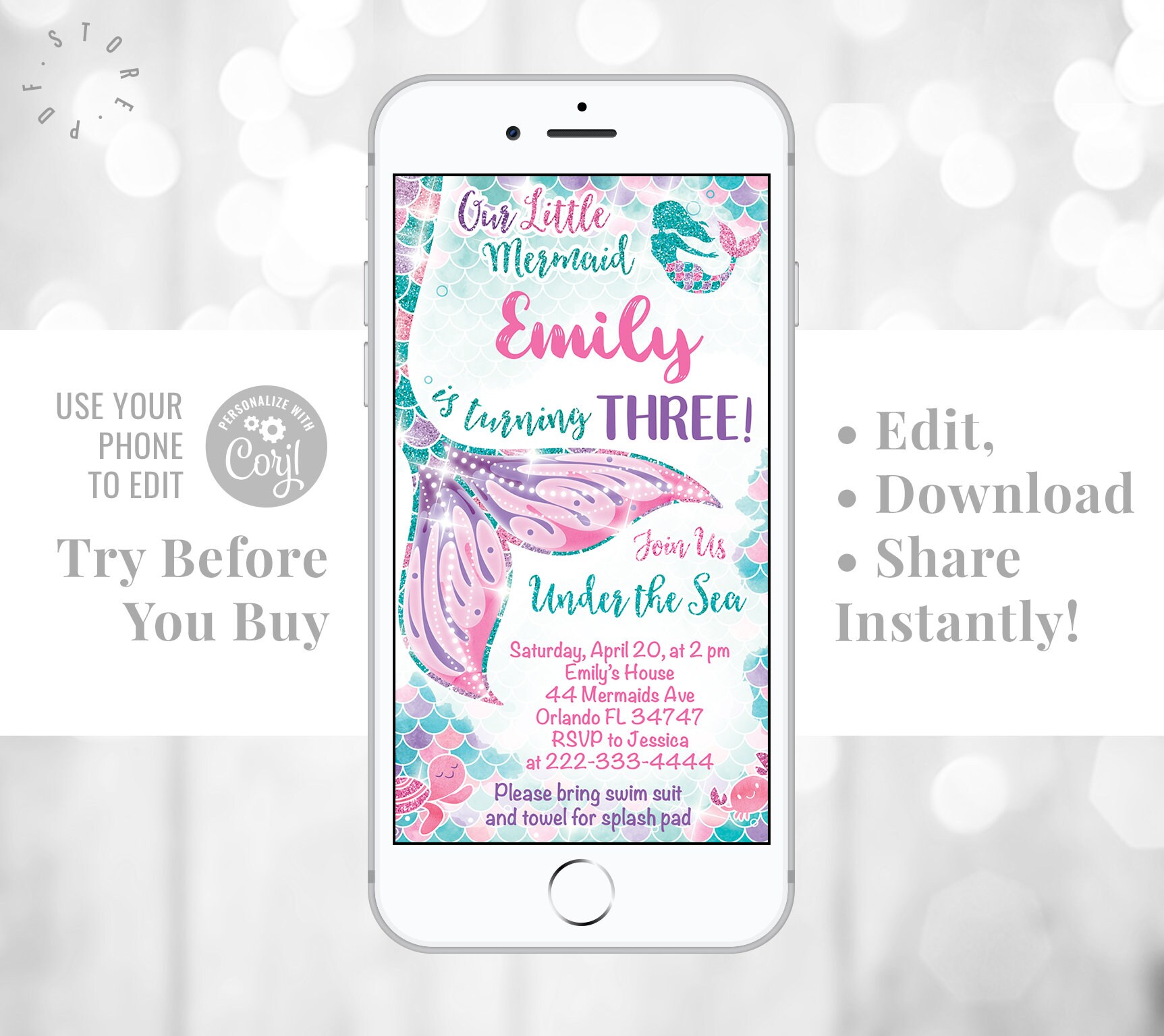 Mermaid Birthday Electronic Invitation Digital Email Smartphone Under ...