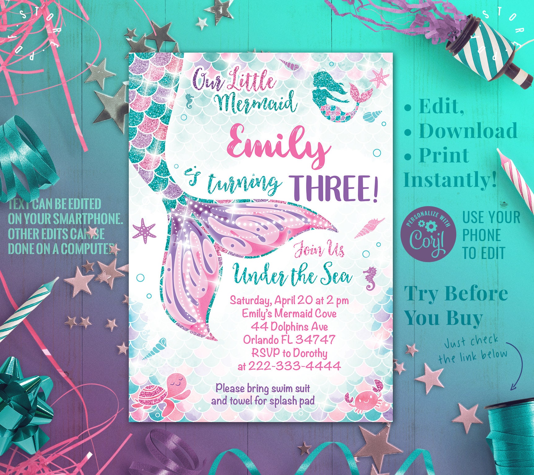 Mermaid Birthday Invitation Splash Birthday Invitation Girl Birthday ...