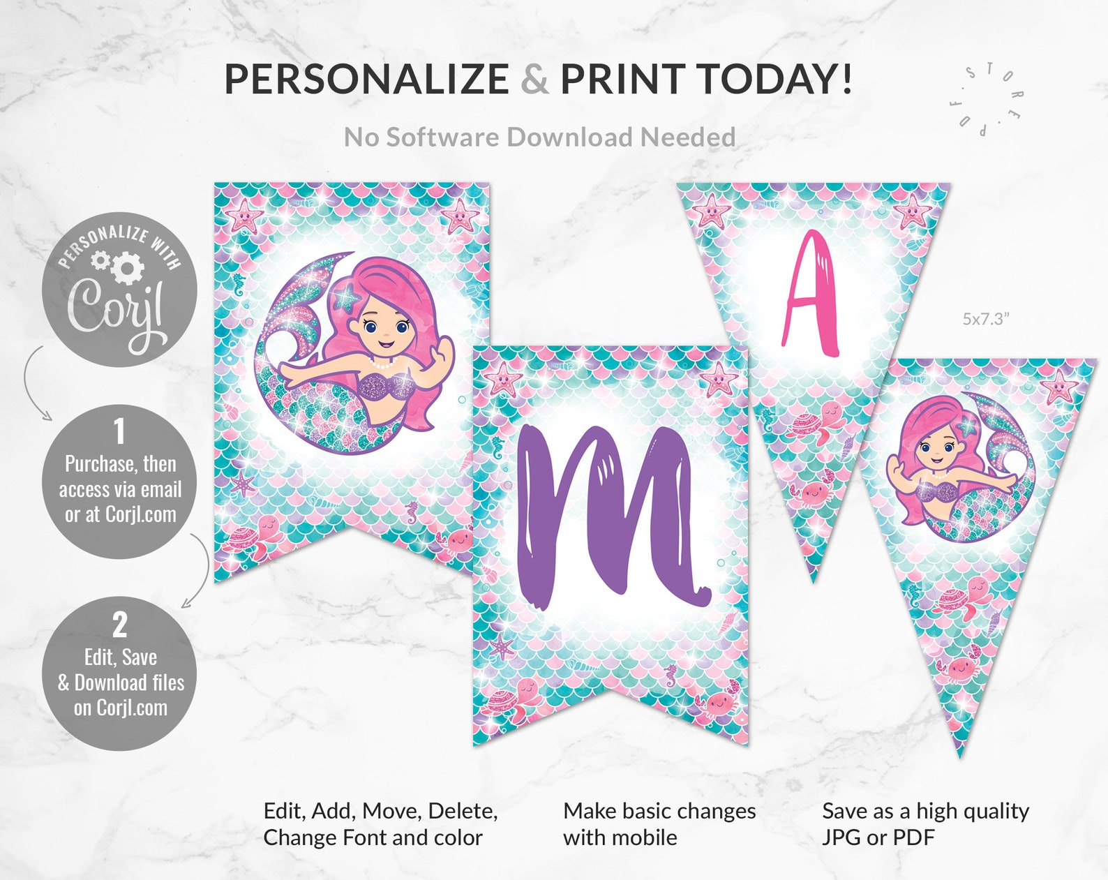 Editable Mermaid Party Banner Watercolor Mermaid Birthday Party ...