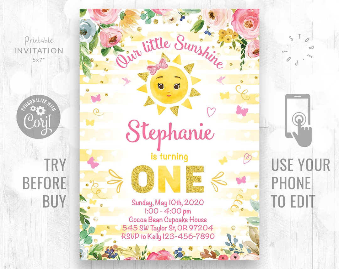Sunshine First Birthday Invitation Our Little Sunshine is Turning ONE ...
