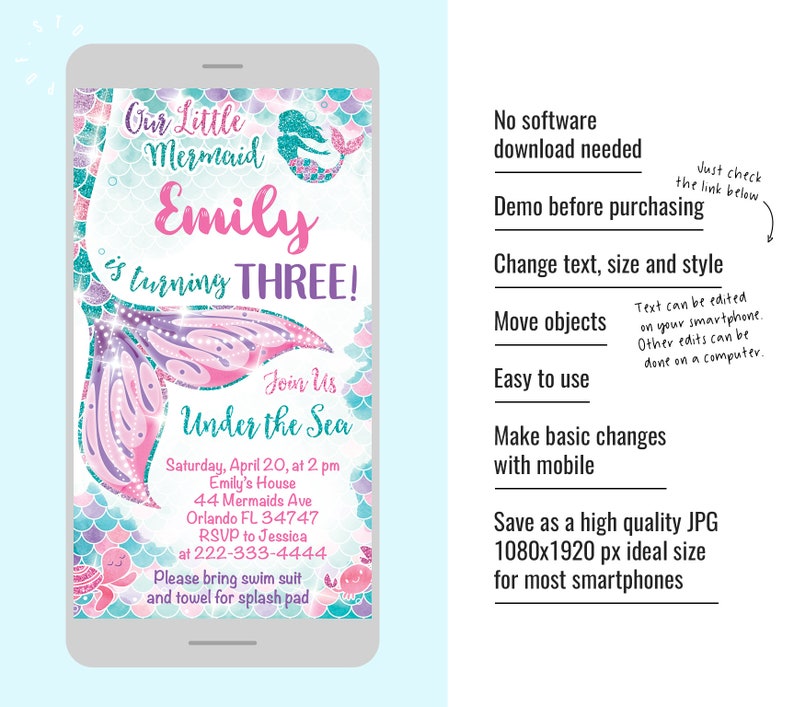 Mermaid Birthday Electronic Invitation Digital Email Smartphone Under ...