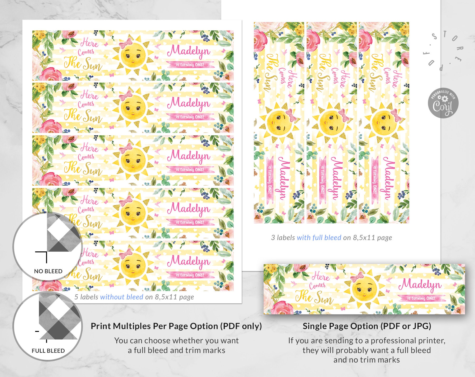Here Comes the Sun Birthday Party Bottle Label Template Printable ...