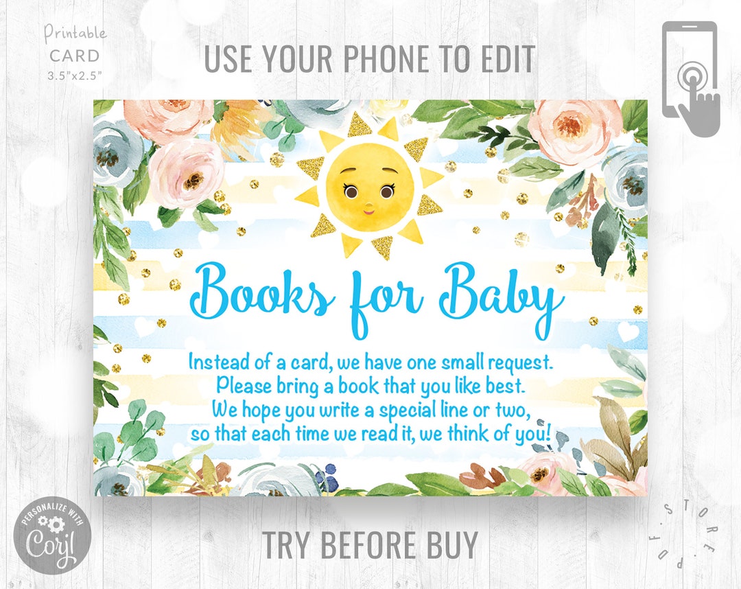 Books for Baby Card Editable Sunshine Blue Collection Baby Shower ...