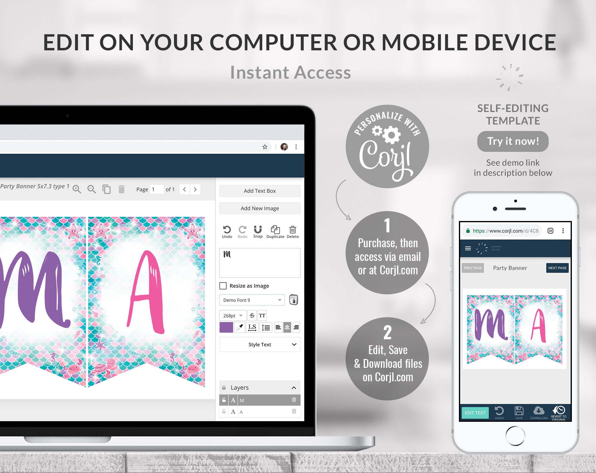 Editable Mermaid Party Banner Watercolor Mermaid Birthday Party ...