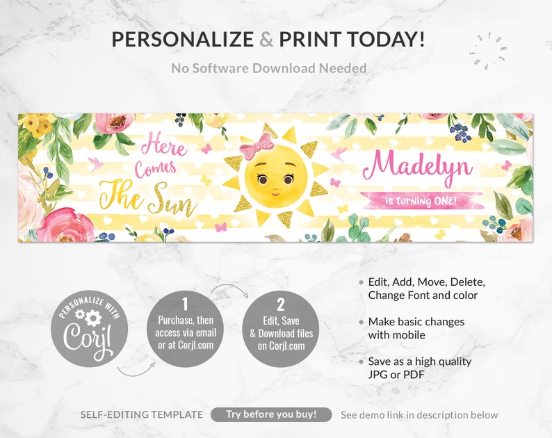 Here Comes the Sun Birthday Party Bottle Label Template Printable ...