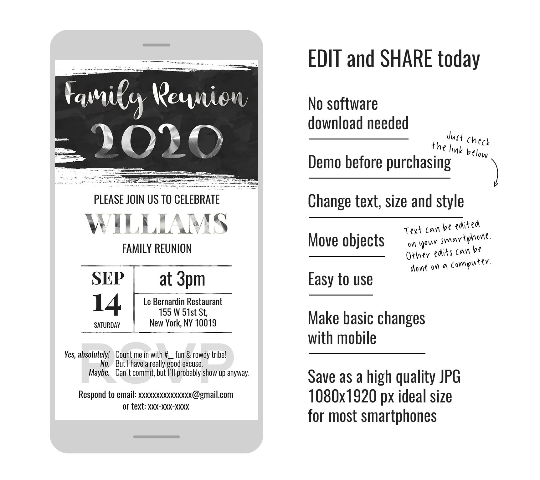 Family Reunion Invitation for Smartphones Silver Foil Effect Electronic ...
