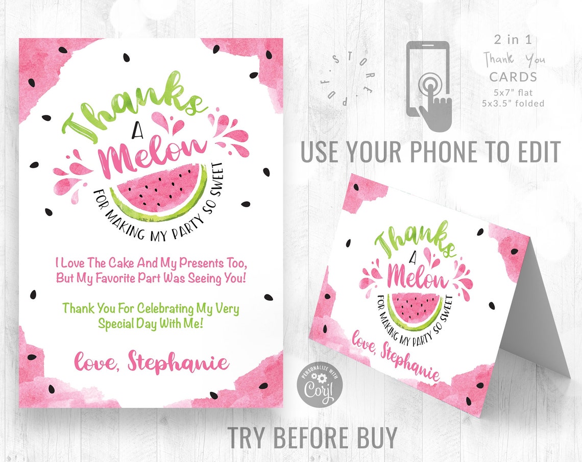 Editable Thanks a Melon Cards Watermelon Thank You Card Backside ...