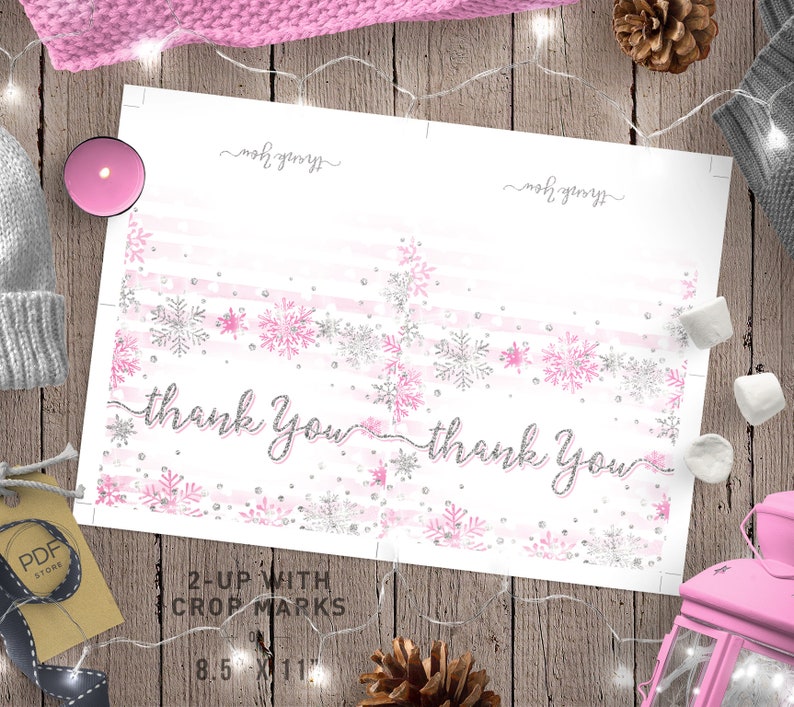 Winter Birthday Thank You Card Pink and Silver Girl Birthday Thank ...