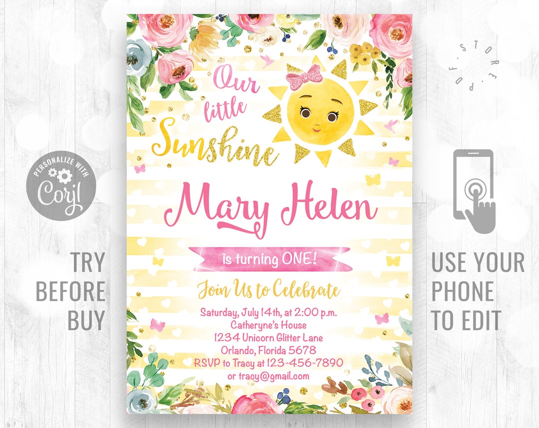 Our Little Sunshine Birthday Invitation Floral Rise and Shine Ray You ...